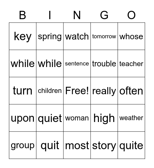 1B Tricky Words Bingo Card