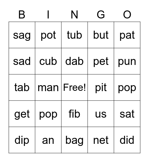CVC Word BINGO Card