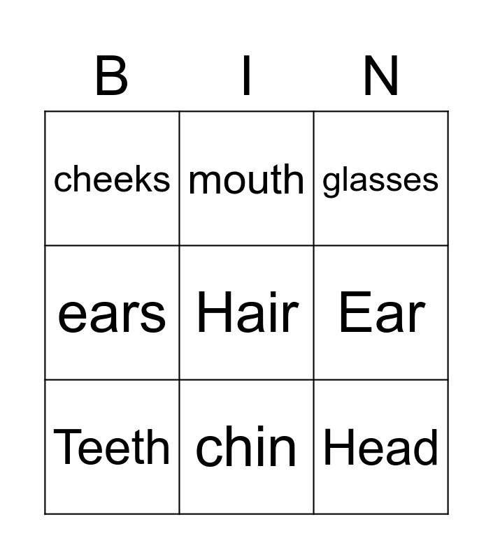 Parts of the Face Bingo Card
