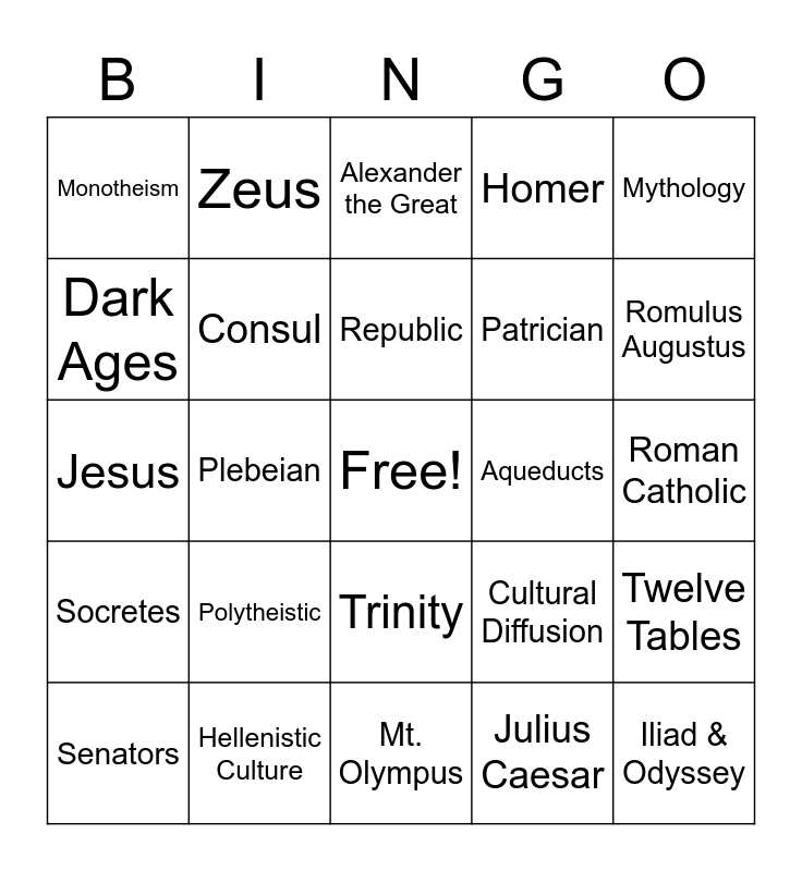 World History Unit 2 Greece & Rome Bingo Card