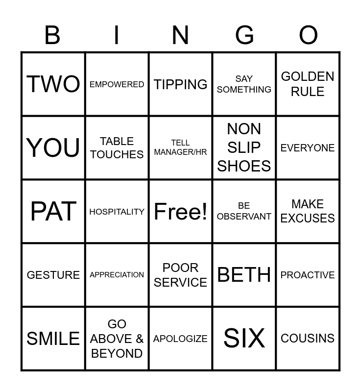 Hospitality BINGO Card