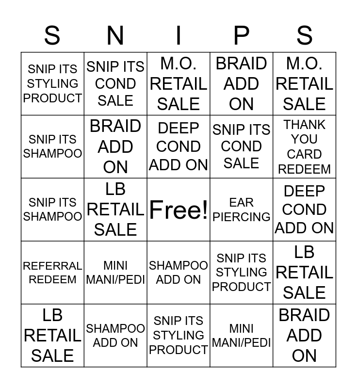 SNIPS BINGO Card