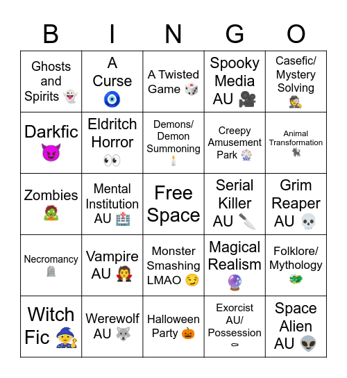 Halloween Fanfic Bingo Card