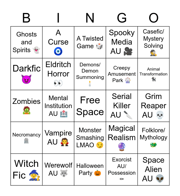 Halloween Fanfic Bingo Card