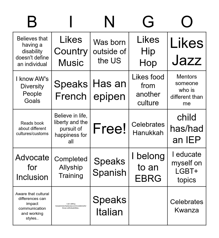 Inclusion, Diversity, Equity Bingo Card