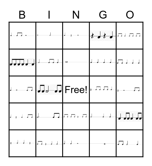 Rhythmic Bingo 3A Piano Bingo Card