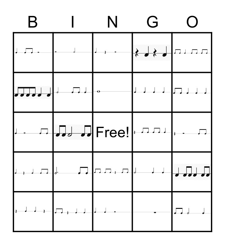 Rhythmic Bingo 3A Piano Bingo Card