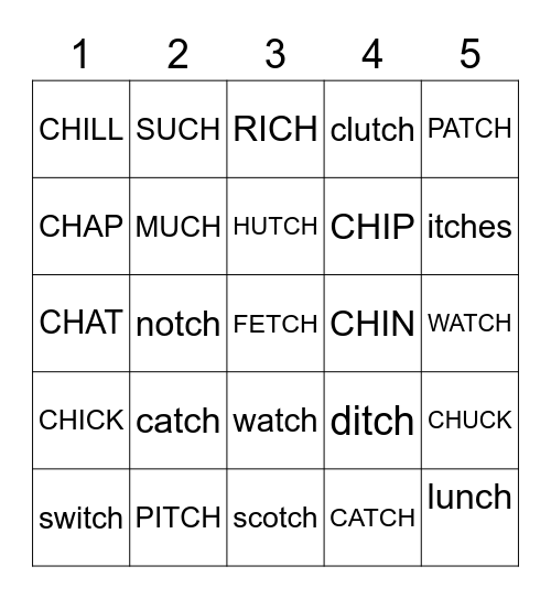 Ch or Tch Words Bingo Card