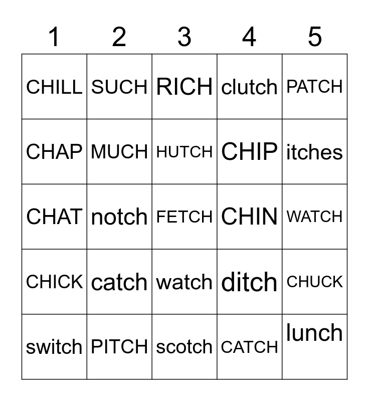 Ch or Tch Words Bingo Card