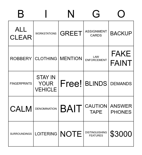Robbery Training Bingo Card