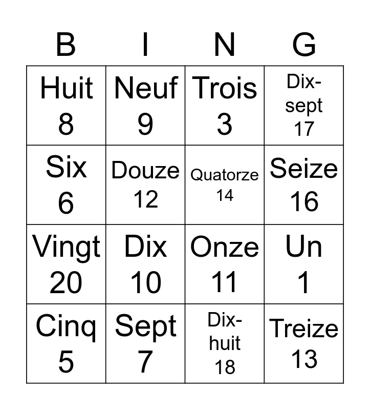 Les Nombres Bingo Card