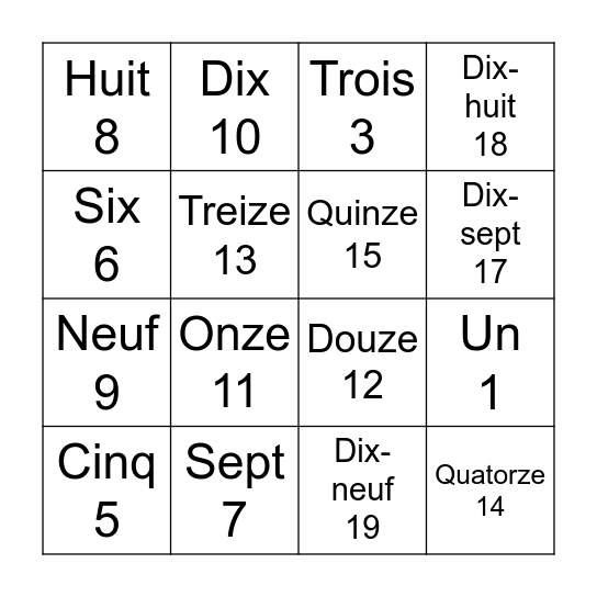 Les Nombres Bingo Card