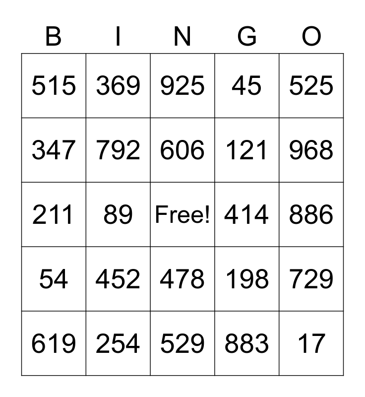 Numbers To 1000 Bingo Card