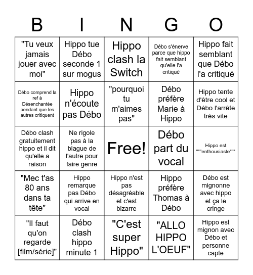 Débo vs Hippo Bingo Card