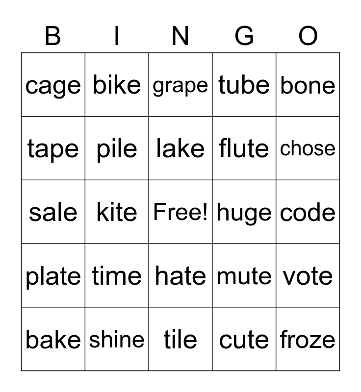 CVCe Words Bingo Card