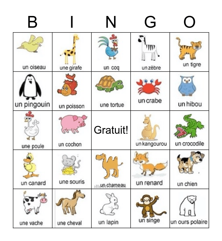 Les animaux Bingo Card