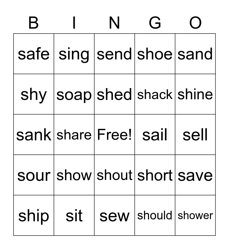 SH vs S Bingo Card