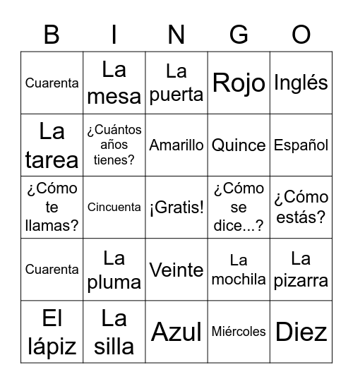 Español I Bingo Card