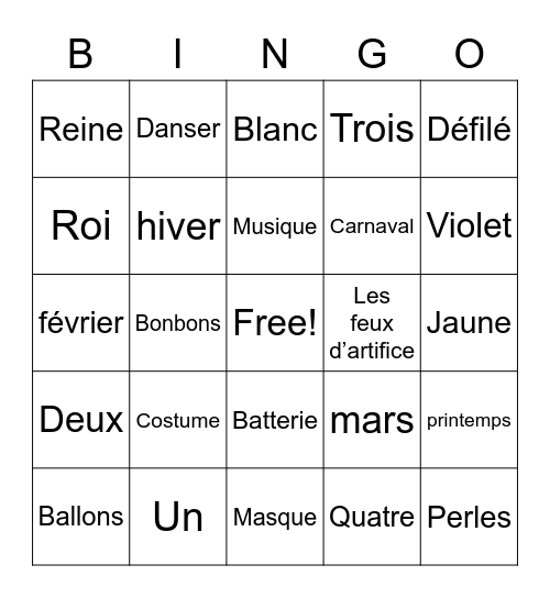 français Bingo Card