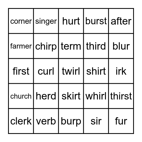 er/ir/ur Bingo Card