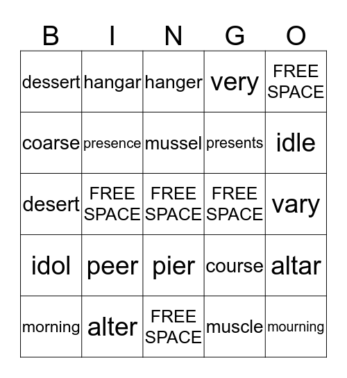 SPELLING: HOMOPHONE BINGO L12 Bingo Card