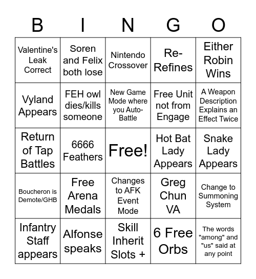 FEH Anniversary Channel Bingo Card