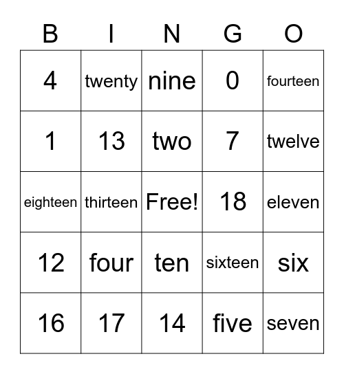Numbers 0-20 Bingo Card