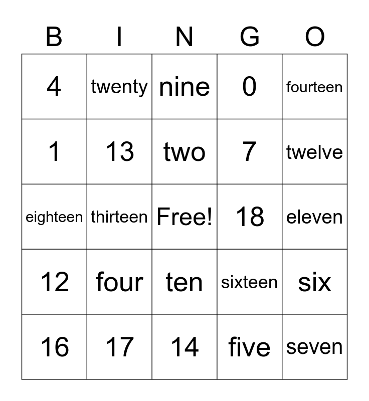 Numbers 0-20 Bingo Card