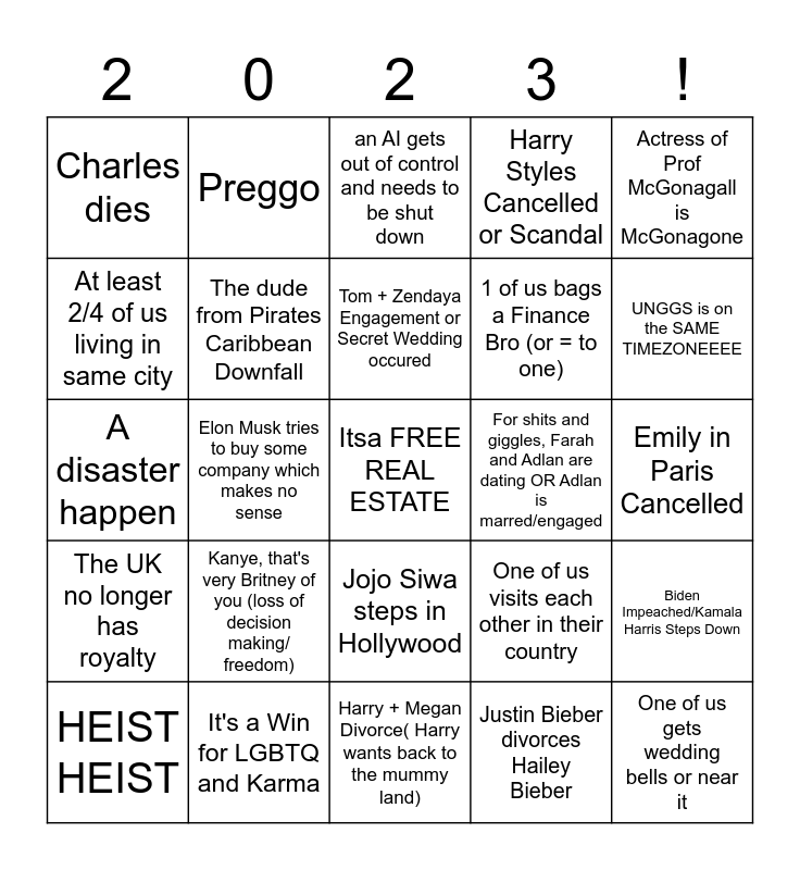 Its the Year 2023 Bingo Card