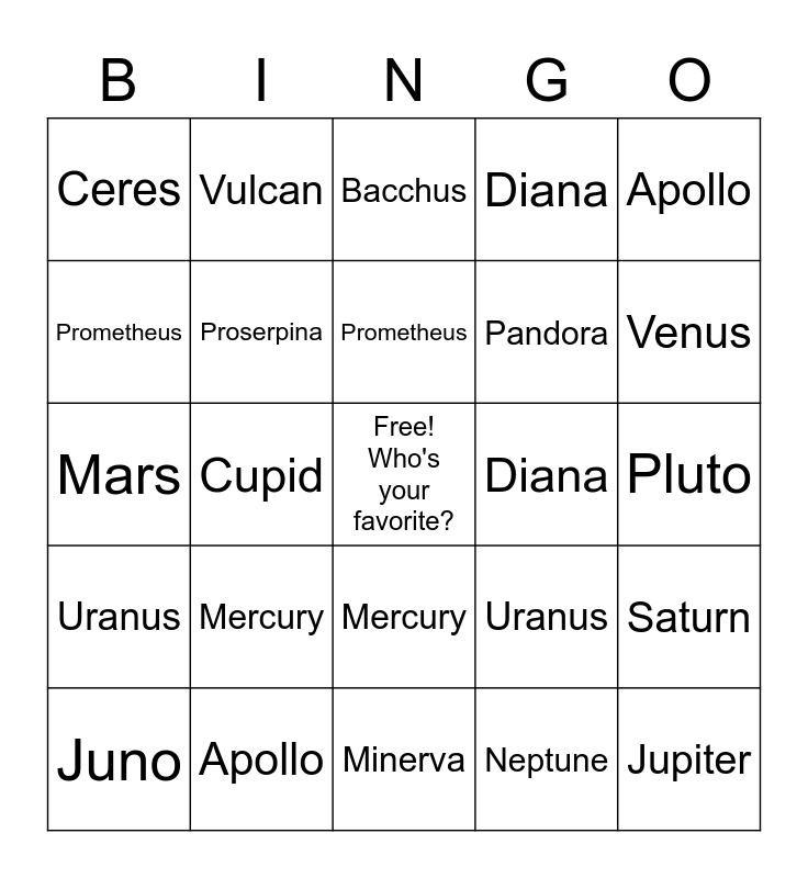 Mythology VINCO Gods by names Bingo Card
