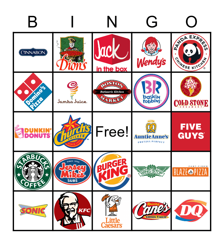 Fast Food Bingo Card