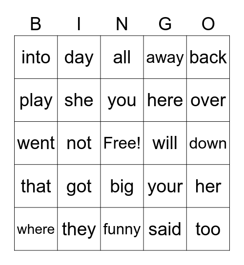 Sight Words Bingo Card