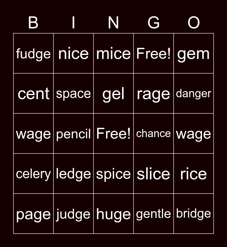 soft c and g/ -dge Bingo Card