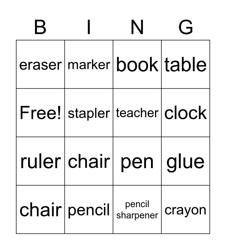 Classroom Object Bingo Card