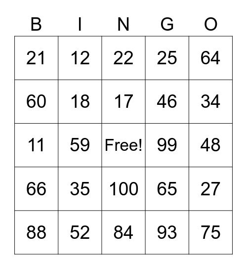 Numbers Bingo Card