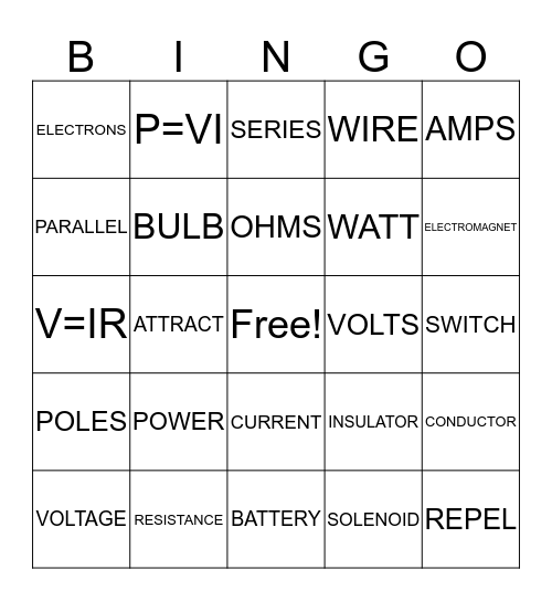 Electricity Bingo Card