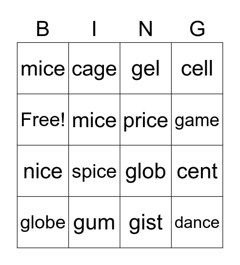 Hard and Soft C and G Bingo Card