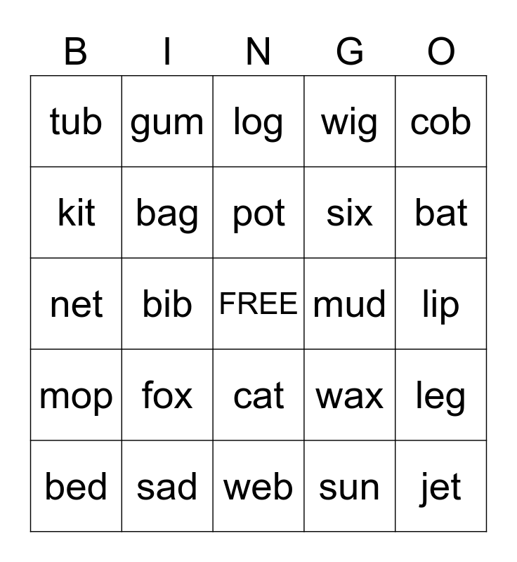 CVC Words - Mixed Short Vowels Bingo Card