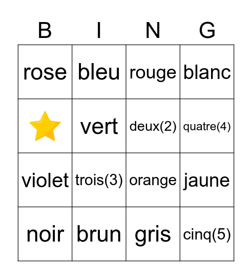 Les Couleurs Bingo Card