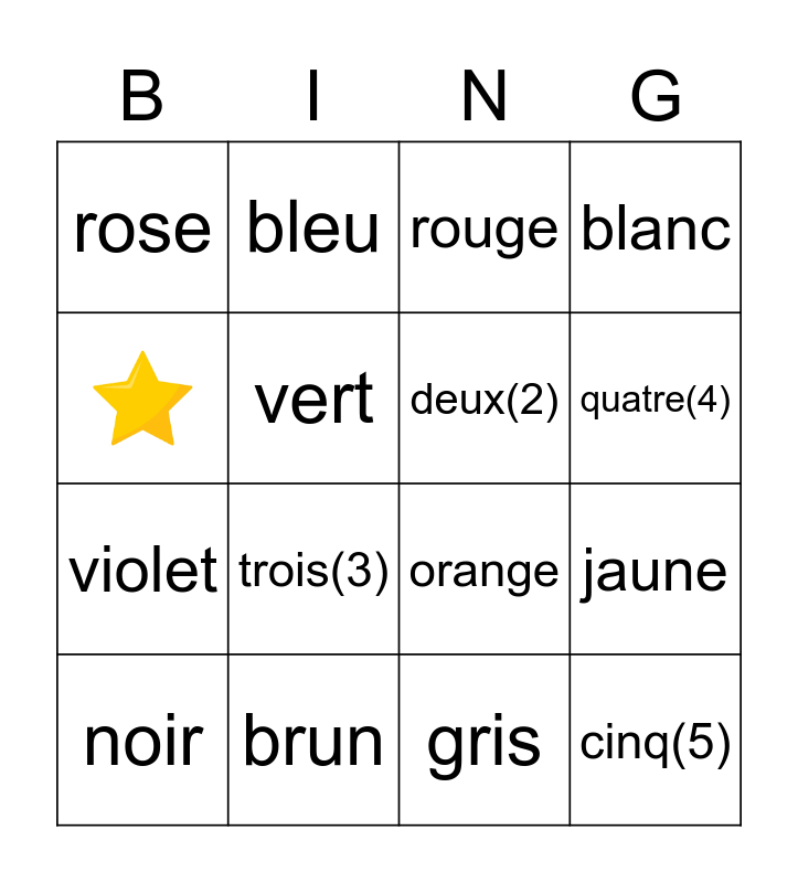 Les Couleurs Bingo Card