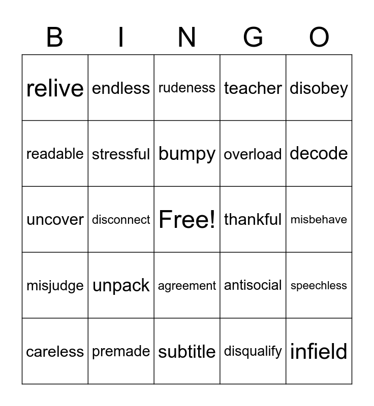 Prefixes & Suffixes Bingo Card