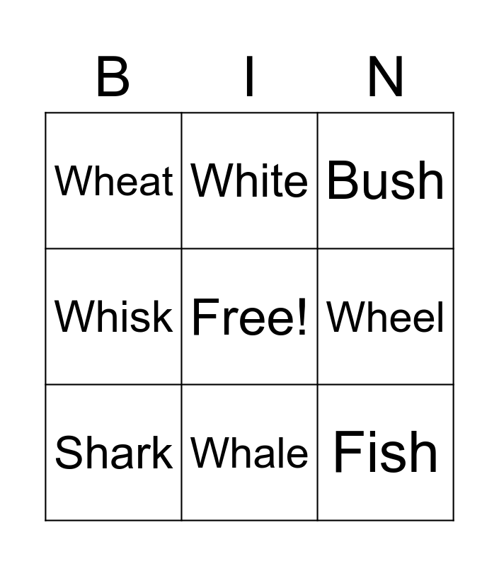 Wh and Sh Diagraphs Bingo Card