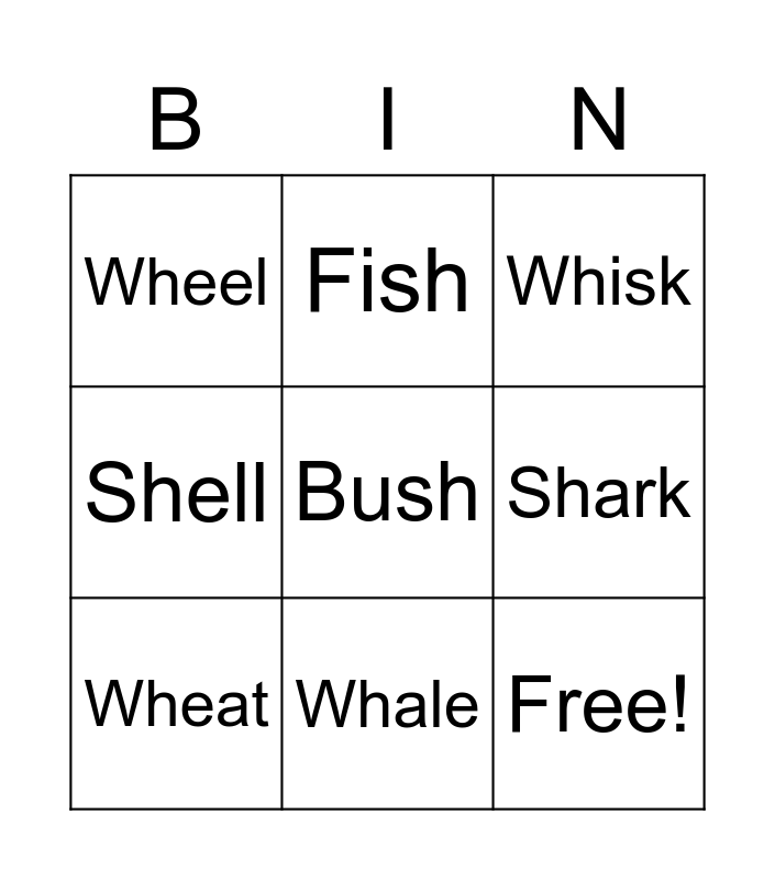 Wh and Sh Diagraphs Bingo Card