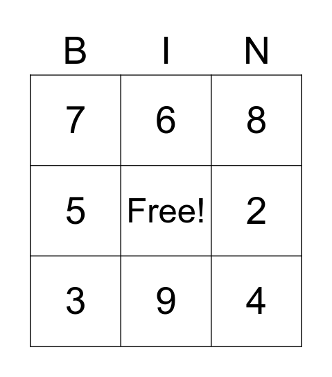 Numbers 1-10 Bingo Card