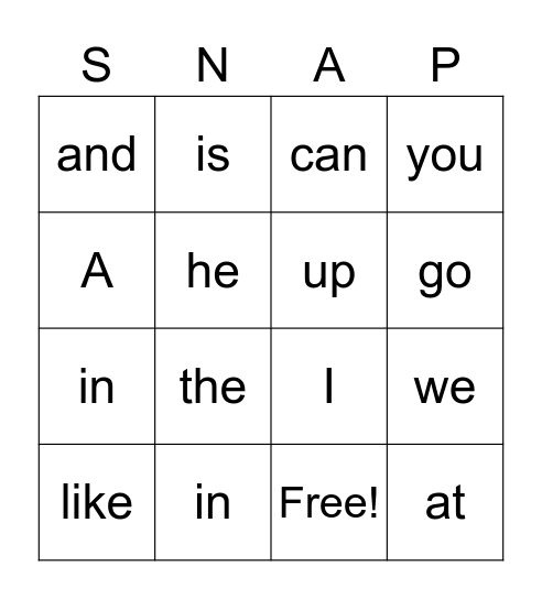 Snap Word Bingo Card