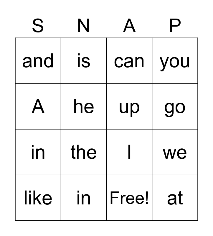 Snap Word Bingo Card