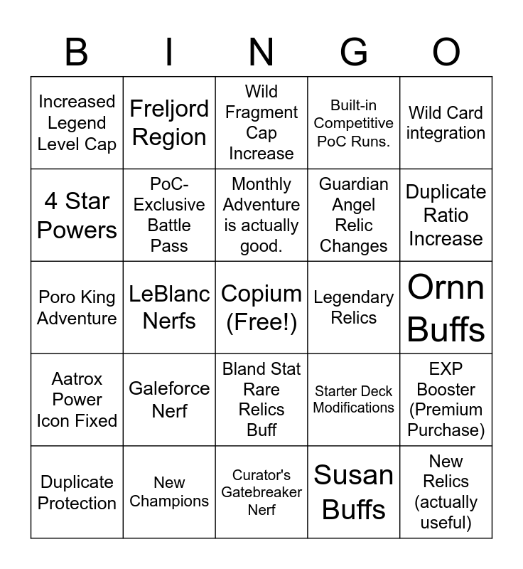 Path of Champions Update Bingo Card