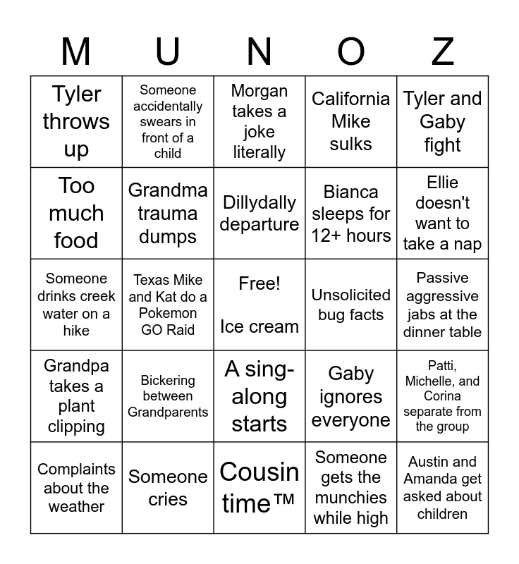 Munoz Family Bingo Card