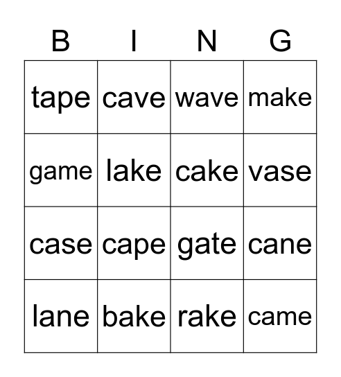 Long Vowel a Bingo Card