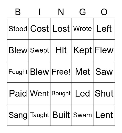 Irregular Verb Bingo Card